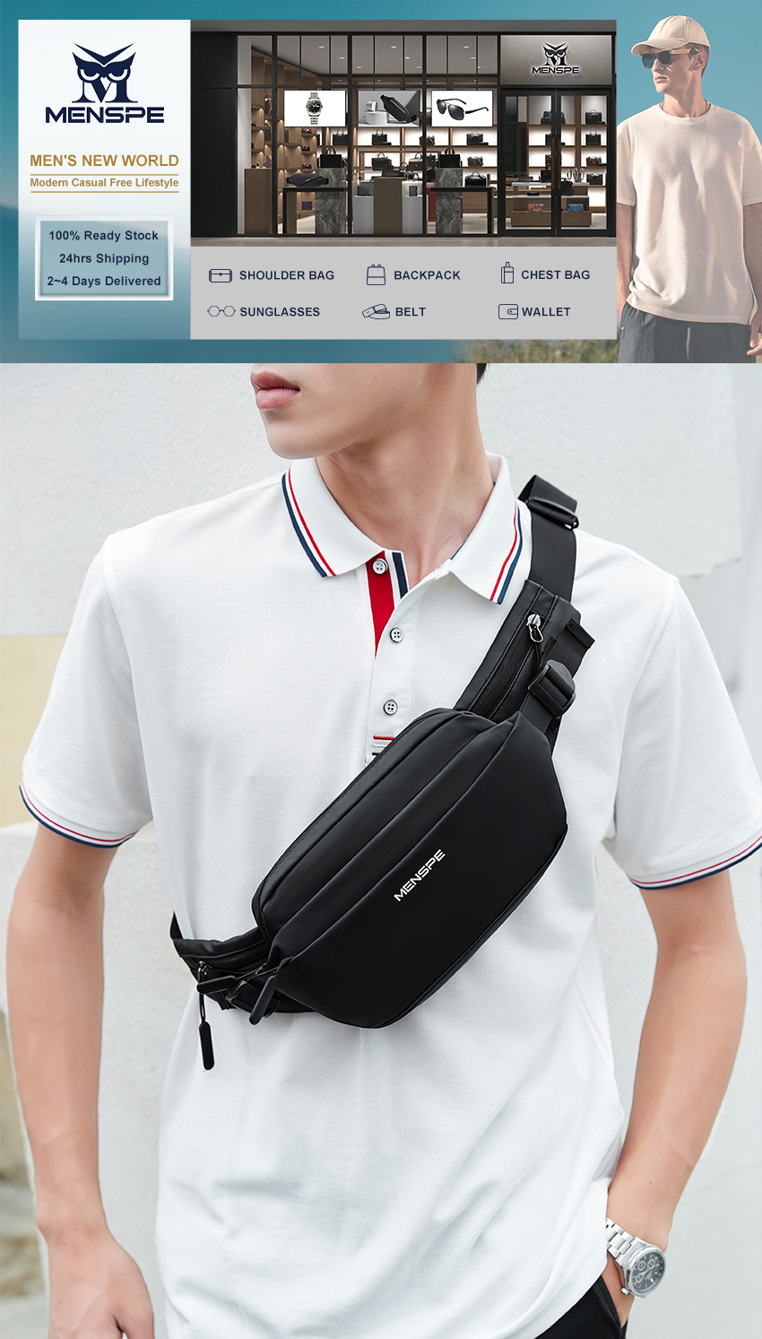 MENSPE Men Chest Bags Waist Pack Cross Body Bags Messenger Bag ...