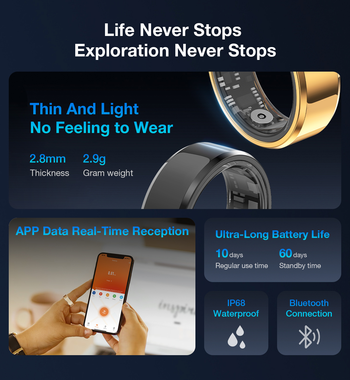 Aolon Ring Gen3 Smart Ring 5ATM Swimming Diving Sports & Health Records ...