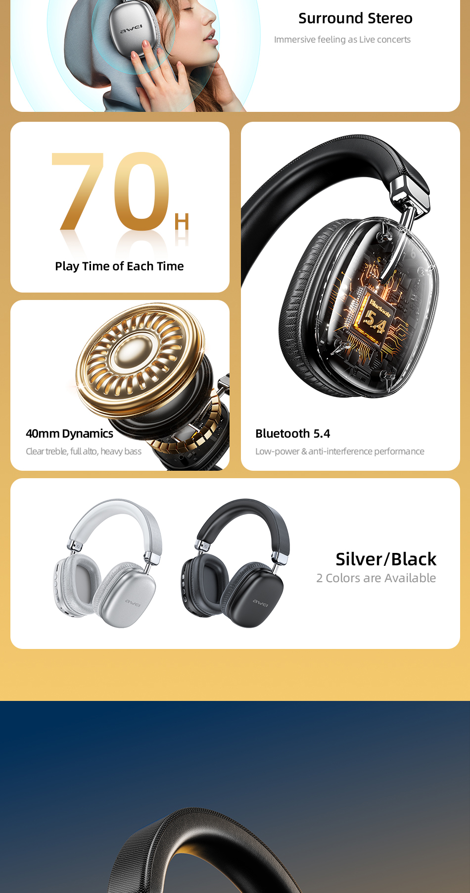 Awei AT7 Wireless Headphone Bluetooth 5.4 Ultra-long Battery Life Bass ...