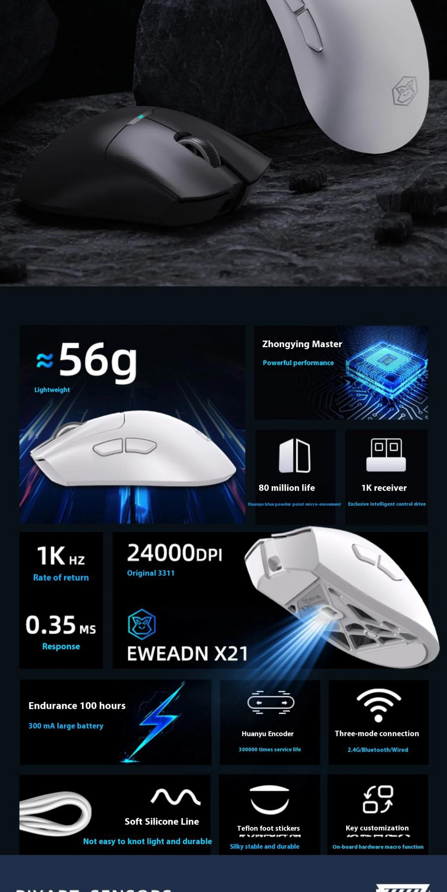 EWEADN X21 Wireless Mouse Three Mode PAW3311 Sensor Gaming Mouse Low ...