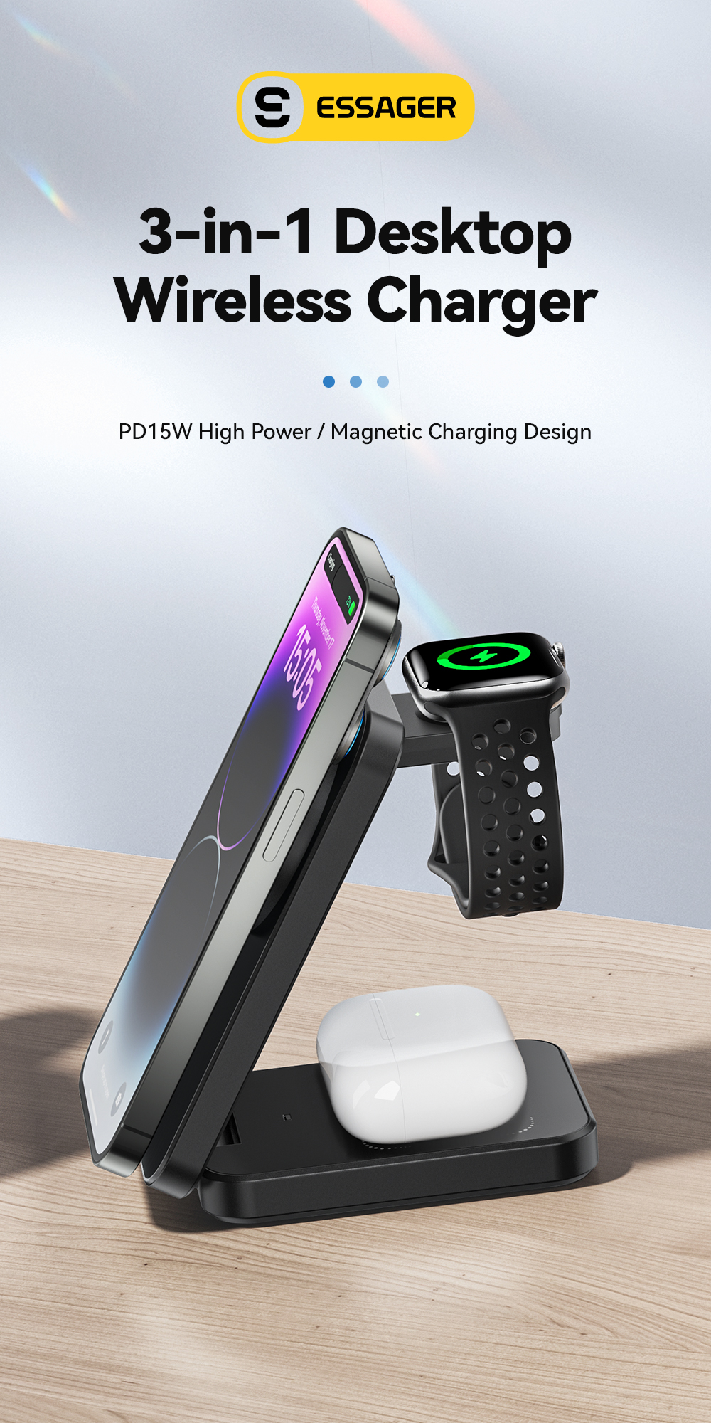 Essager 3 in 1 Magnetic Wireless Charging Stand 15W Fast Charger for ...