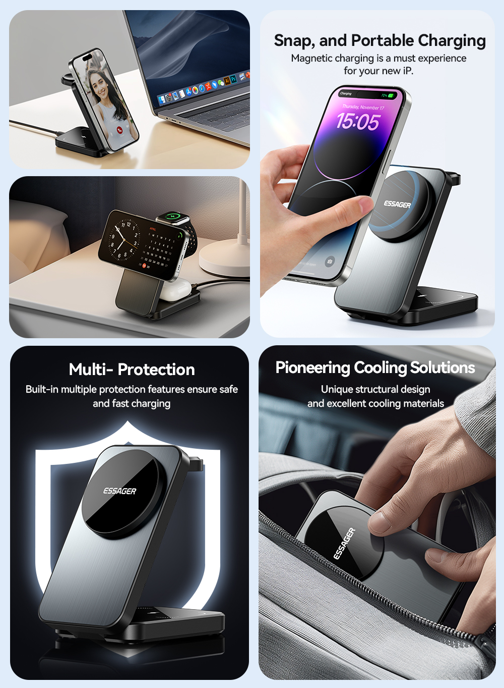 Essager 3 in 1 Magnetic Wireless Charging Stand 15W Fast Charger for ...