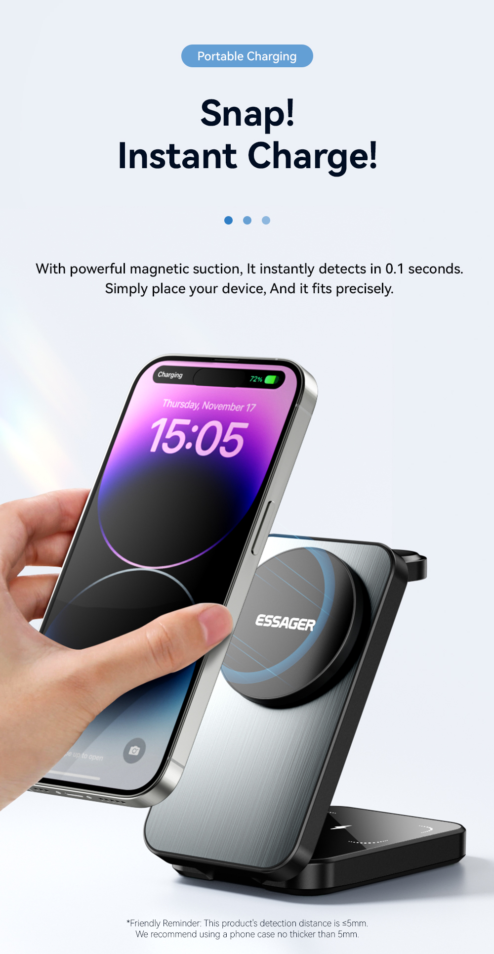 Essager 3 in 1 Magnetic Wireless Charging Stand 15W Fast Charger for ...