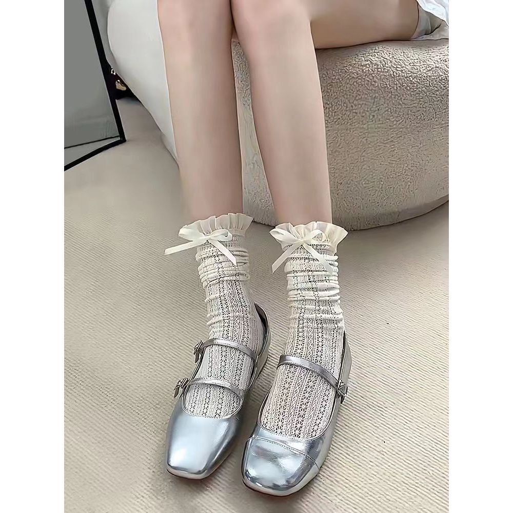 1 Pair French Lace Bow Socks Women Spring Summer Thin Lace Hollow ...