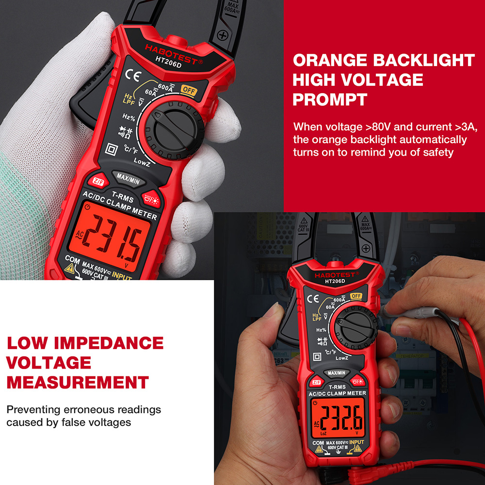 HABOTEST HT206 HT90 Digital Clamp Meter 600V AC/DC 6000 Counts Current ...