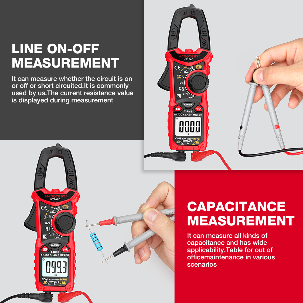 HABOTEST HT206 HT90 Digital Clamp Meter 600V AC/DC 6000 Counts Current ...