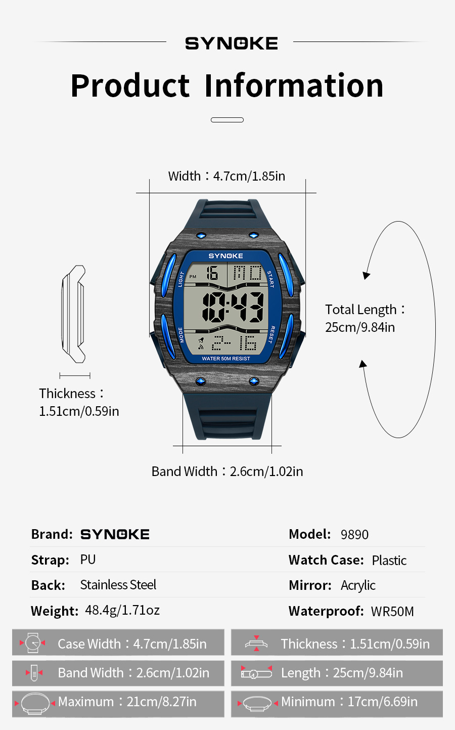 SYNOKE Digital Sports Electronic Watch Alarm Color Illumination Multi ...