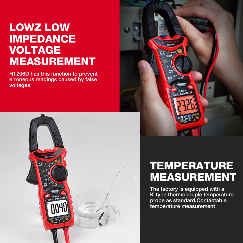 HABOTEST HT206 HT90 Digital Clamp Meter 600V AC/DC 6000 Counts Current ...