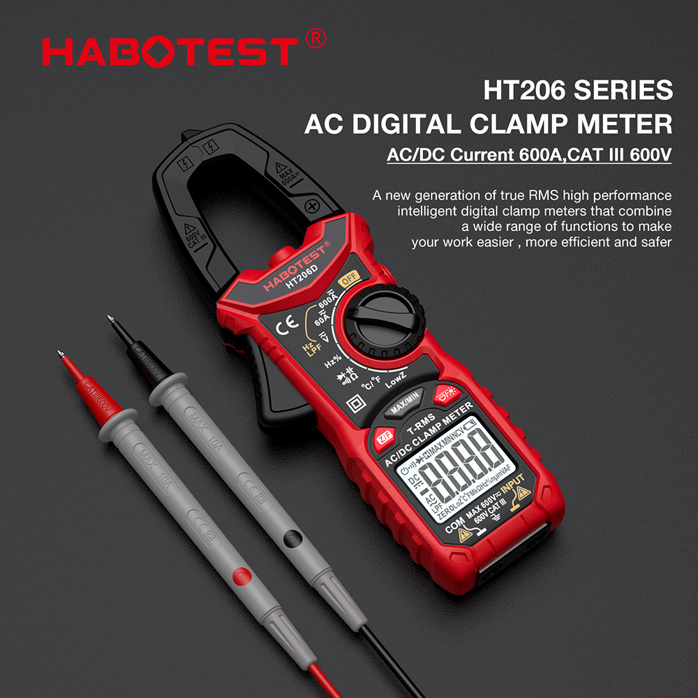 HABOTEST HT206 HT90 Digital Clamp Meter 600V AC/DC 6000 Counts Current ...