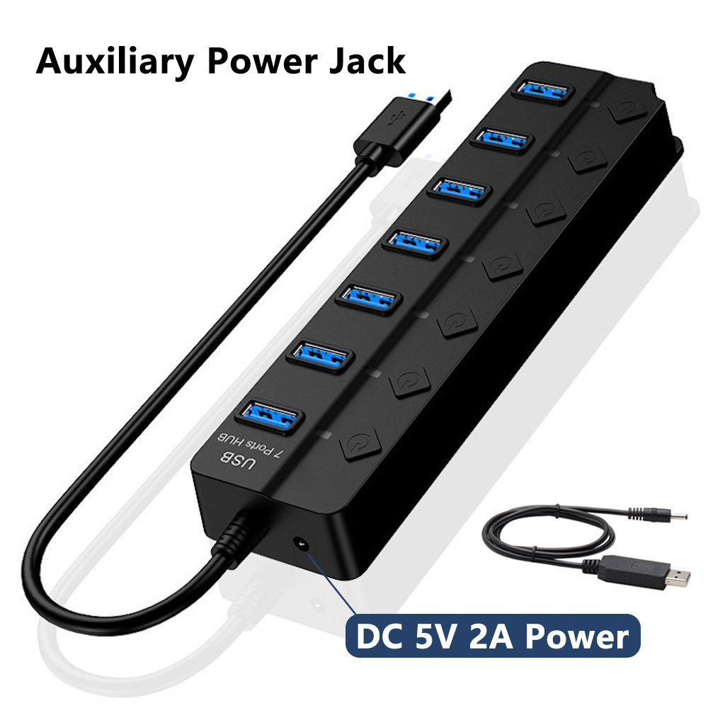 7 Port USB Hub With Individual Powered ON OFF Switch Adapter Multi Port ...
