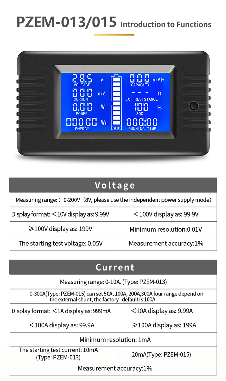 PZEM-015 PZEM-013 DC 0-200V 10A 100A 200A 300A Voltmeter Ammeter Car ...