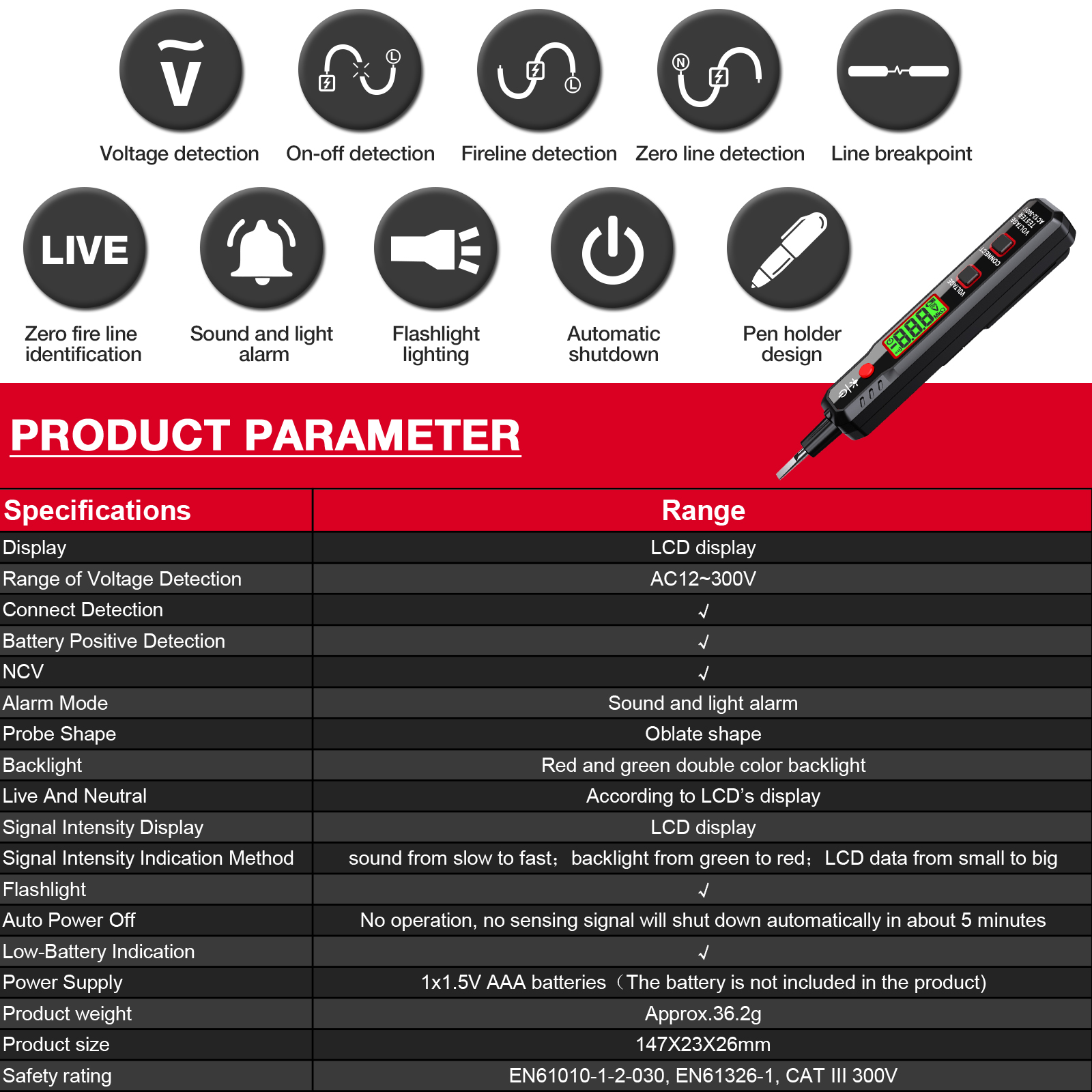 HABOTEST HT89 Pen Type AC Voltage Detector NCV 12~300V Voltage Tester ...