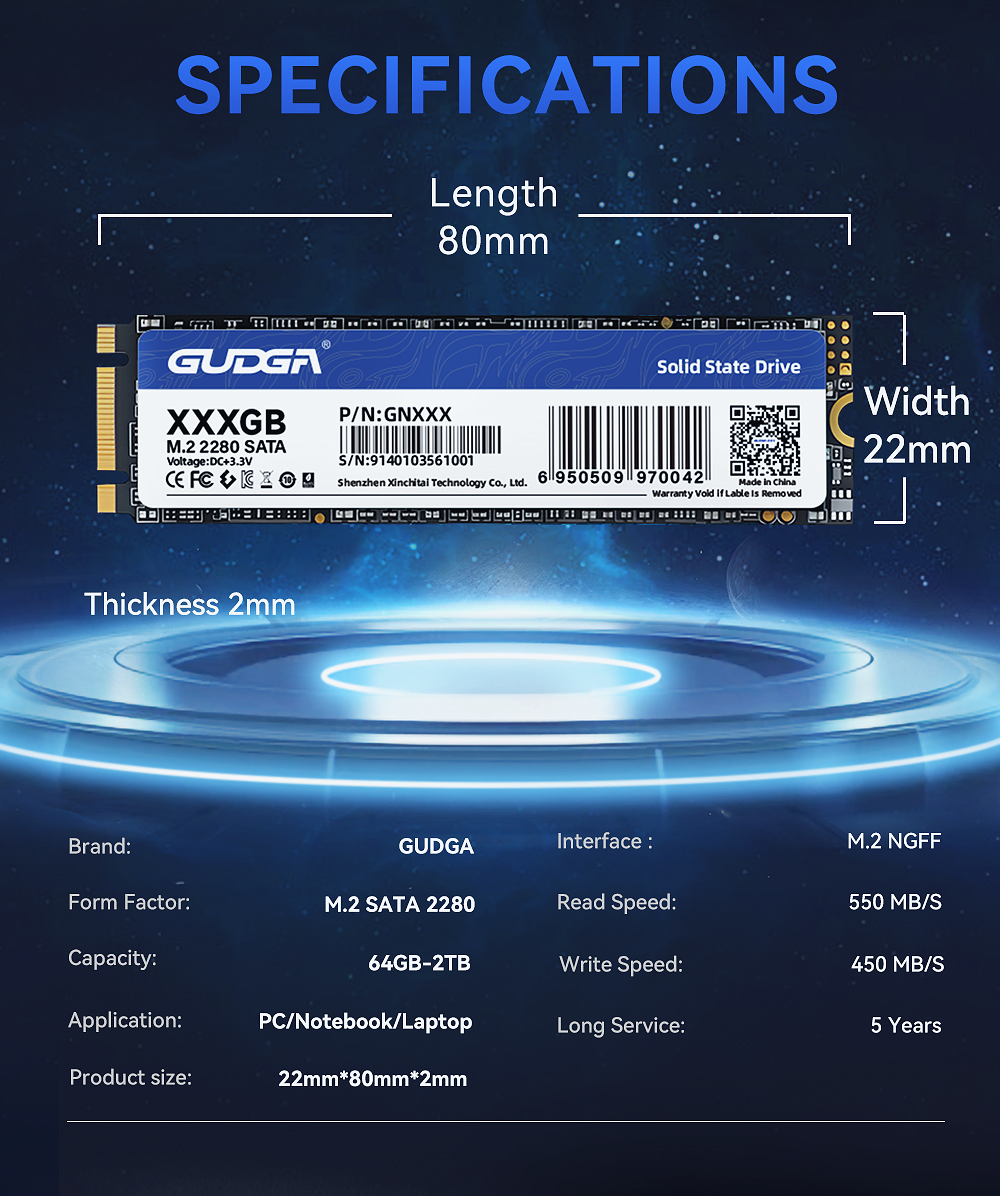 GUDGA M.2 NGFF SATA3 SSD M2 SATA SSD 64GB 128GB 256GB 512GB Internal Hard Drives Disk Solid ...