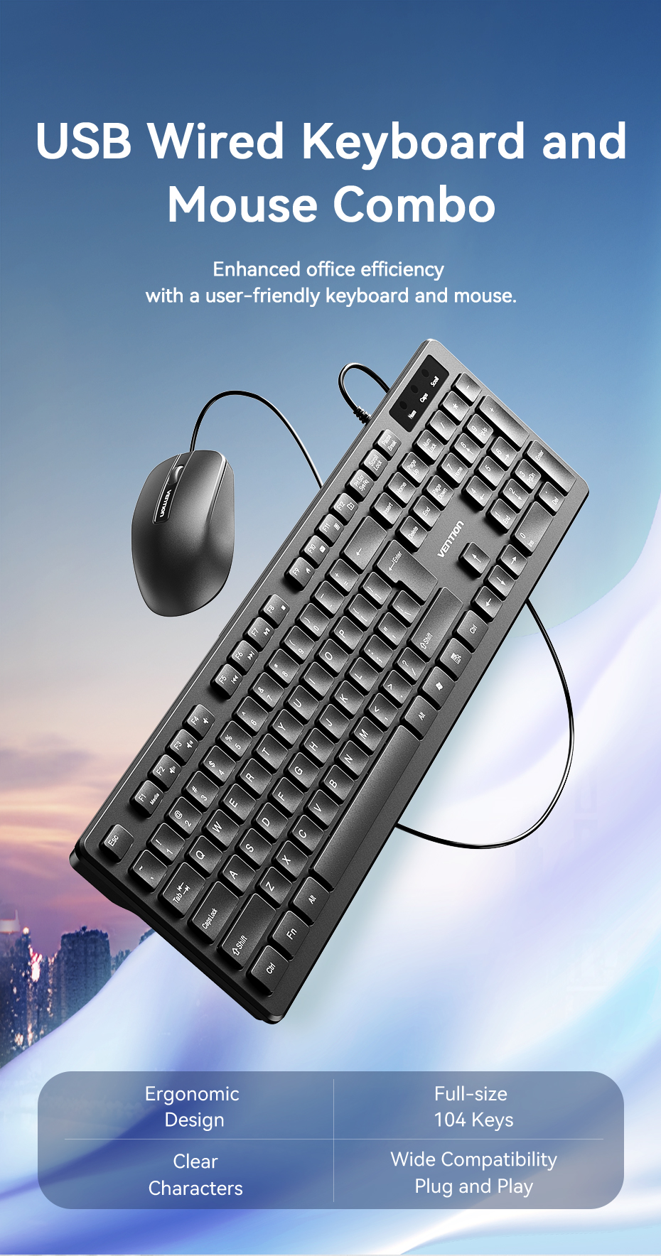 Vention Keyboard Mouse Combo 104 Keys Black Slim Type ABS 1200 DPI for ...