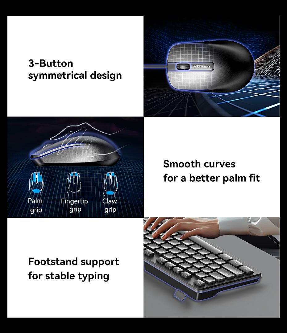 Vention Keyboard Mouse Combo 104 Keys Black Slim Type ABS 1200 DPI for ...