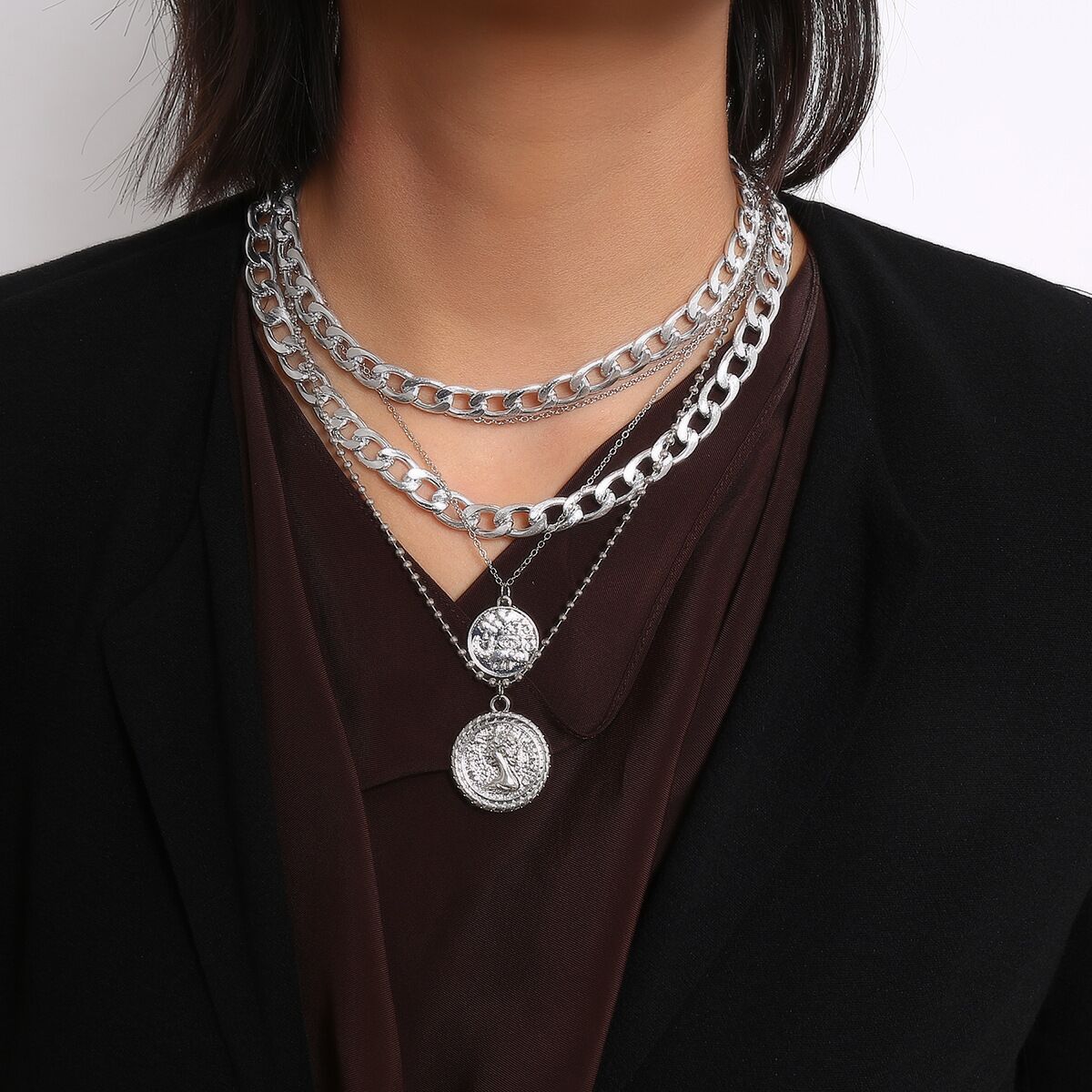 Multi-Layer Long Chain Necklace Punk Lock Moon Pendant for Women Men ...