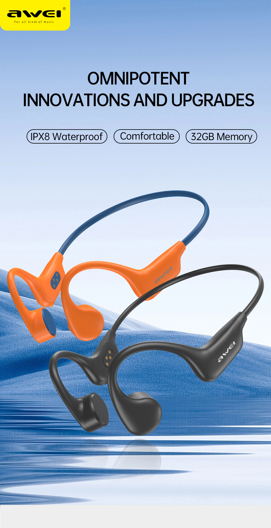 Awei A899BL IPX8 Bone Conduction Swimming Earphone Blutooth Hearphones ...