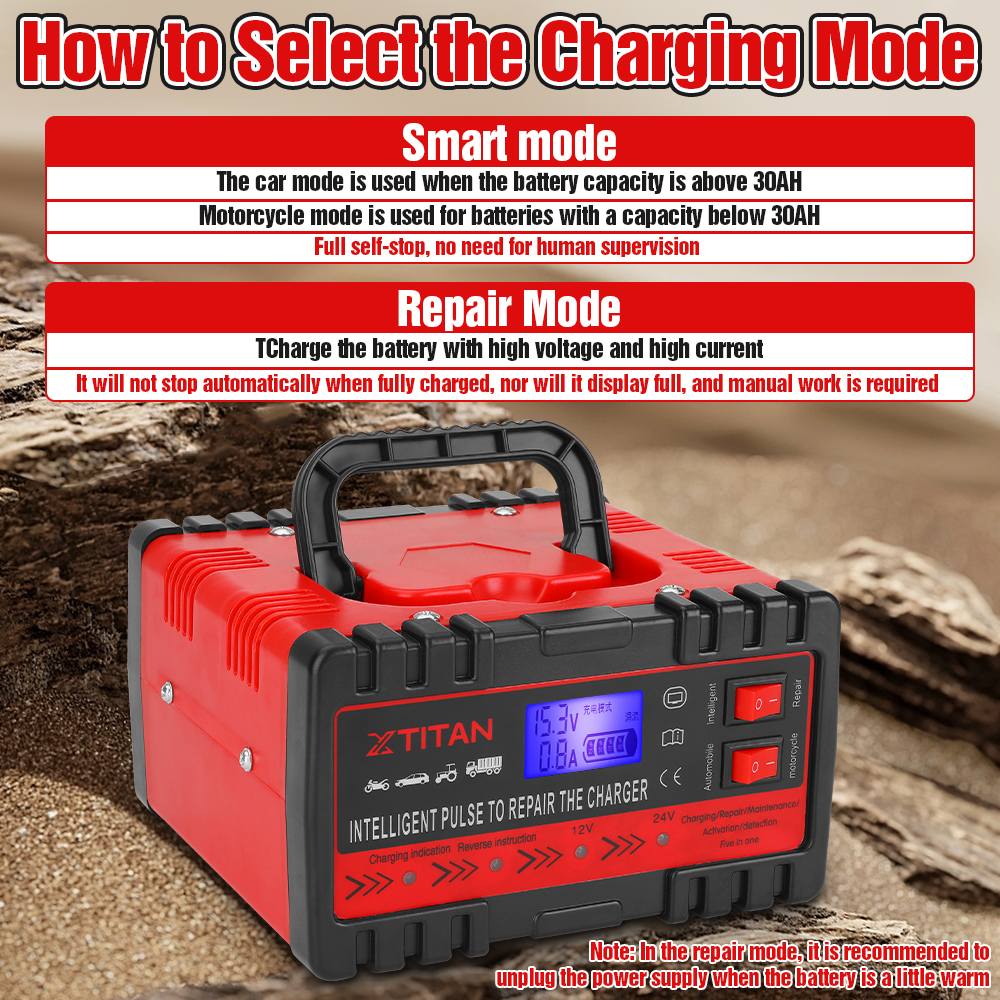 【5 Year Warranty】XTITAN 12/24V Car Battery Restoration Charger Red Full Self-stop 5-stage Pulse ...