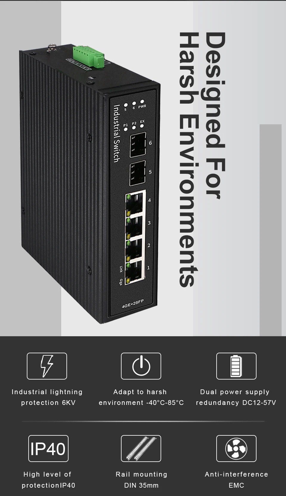 ONTi Gigabit 4 port Ruggedized Switch, 2/4*1000M RJ45 ports + 2*2.5G ...