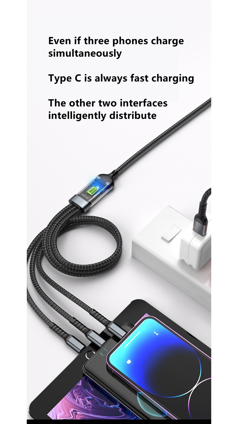 3 for 1 Data Cable, PD100W Digital Display Data Cable, Fast Charging ...