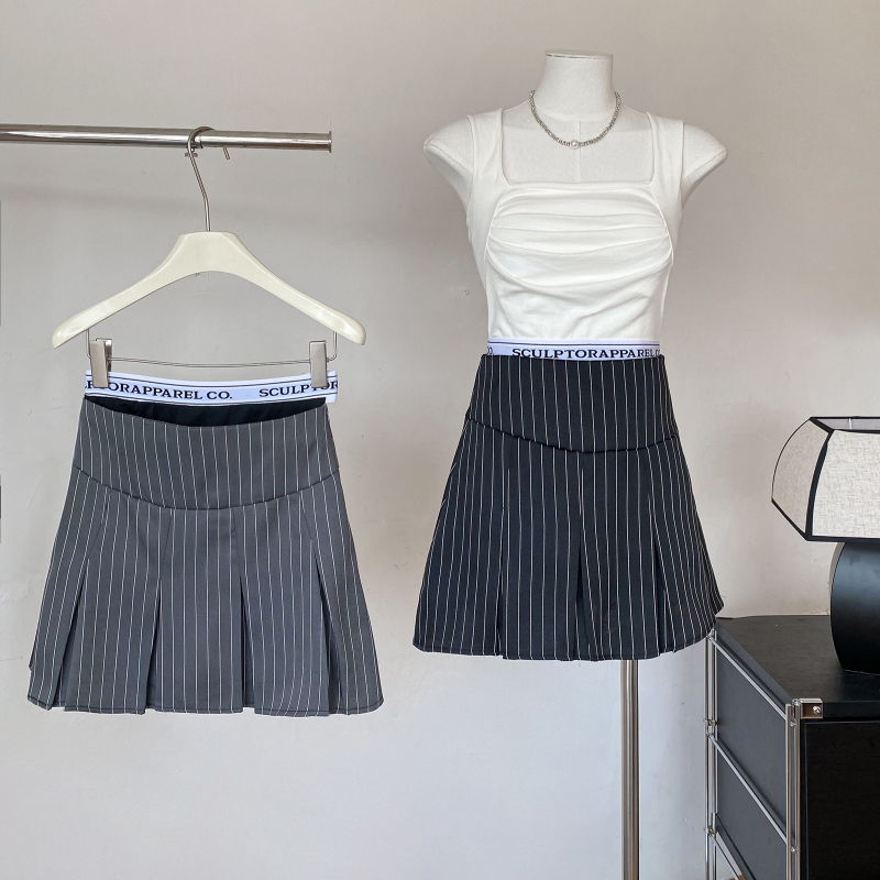 DAMENER Striped Pleated Skirt American Retro Low-waist Sexy A-line ...