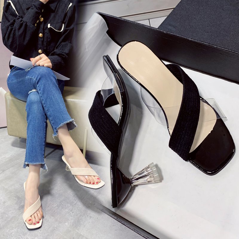 YR Women's Korean Style High Heel Sandals With Transparent Striped Band ...