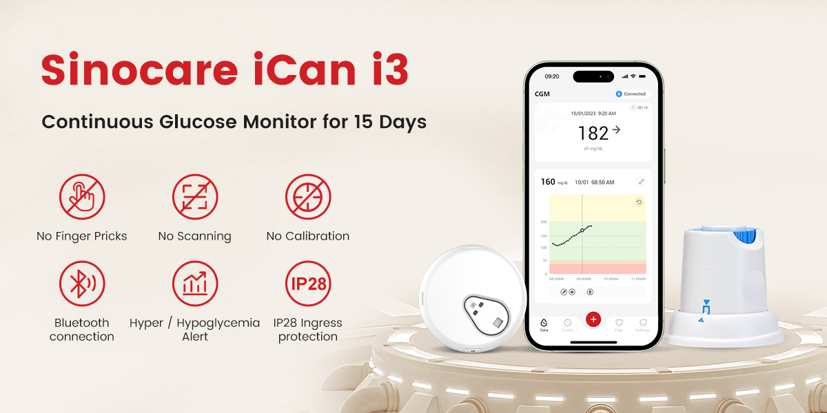 2Pcs Sinocare iCan i3 Continuous Glucose Monitoring (CGM) System 24Hx15Days Real Time Blood ...