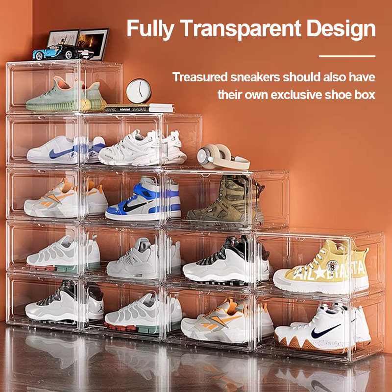 Acrylic shoe box stackable transparent shoe rack storage magnetic door ...