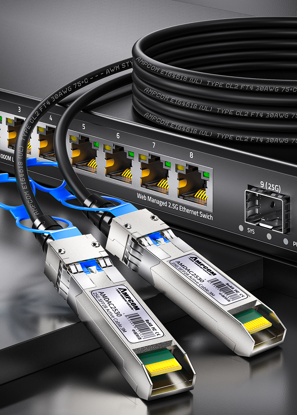 AMPCOM 25G DAC Cable SFP28 Passive Direct Attach Copper Twinax Cable ...