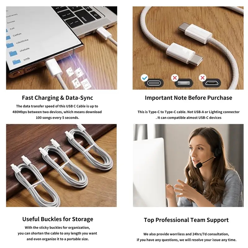 USB Type C Cable PD Fast Charge Public to Public CTOC Double Headed 60W for Huawei Charging ...