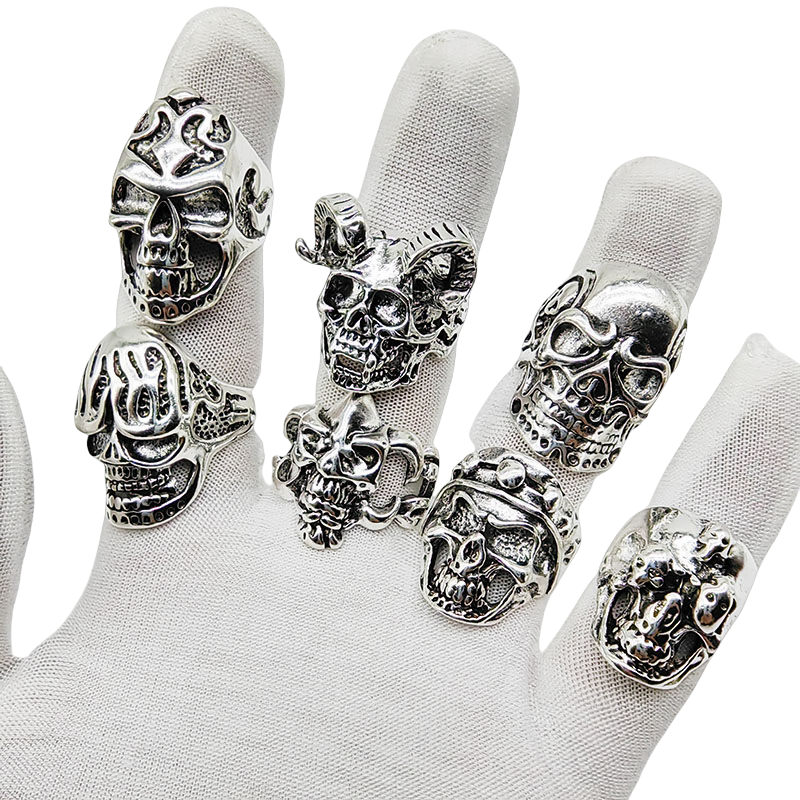 10pcs/lot Mix Style Vintage Punk Big Skull Alloy Finger Rings for Men ...