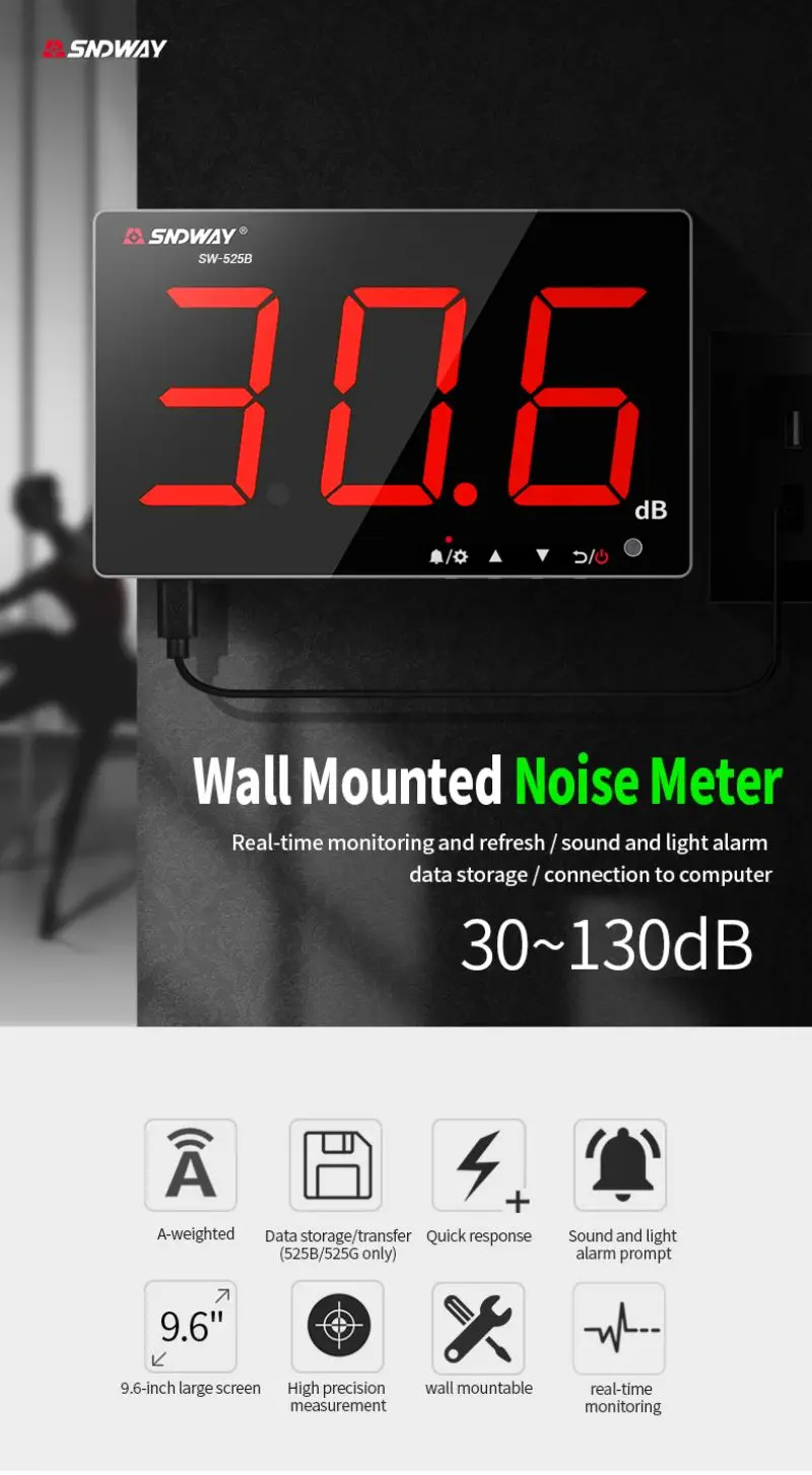 SNDWAY SW-525A Digital Sound Level Meter 30~130db Large Screen Display ...