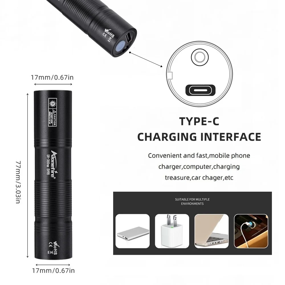 Alonefire SV98 365nm UV Flashlight USB Rechargeable Mini Palm Ultraviolet Nail Lamp Torch Pets ...