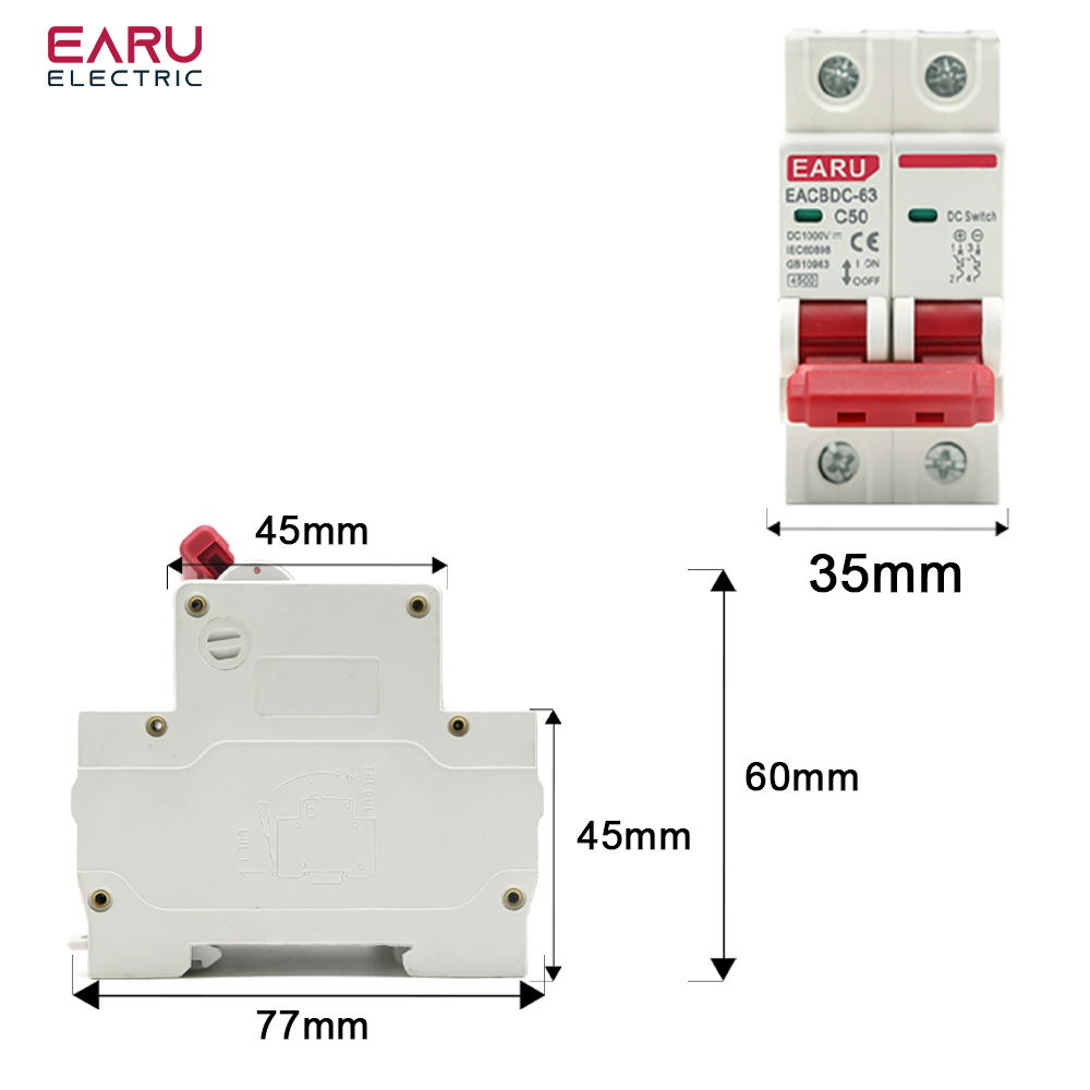 2P DC 1000V MCB Solar Mini Circuit Breaker Overload Protection Switch 6A 10A 16A 20A 25A 32A 40A ...