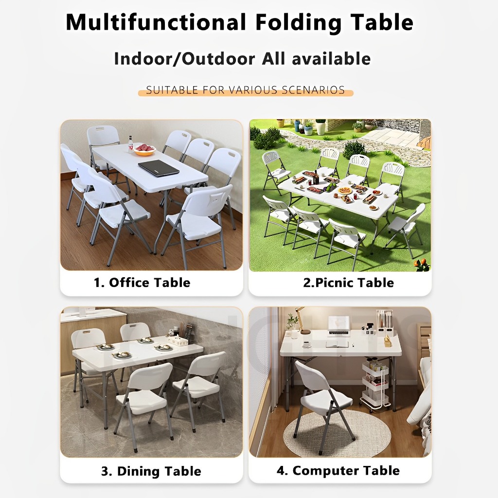 4FT Heavy Duty Folding Table Adjustable Height Dining Table Portable ...
