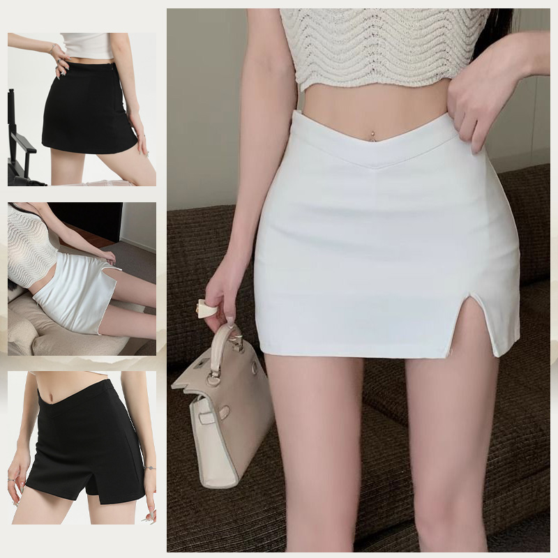 Black White Skirt Women Summer Casual High-Waisted Slit Skirt With Safety Inner Shorts Mini ...