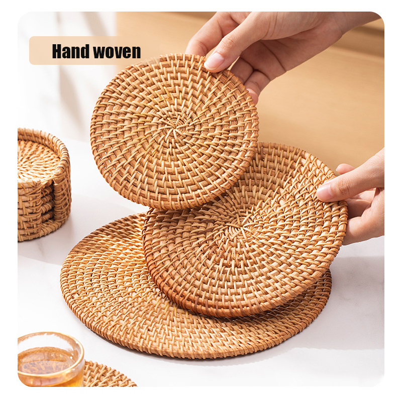 Natural Rattan Handmade Round Cup Mat Heat Insulation Pot Mat Placemat ...