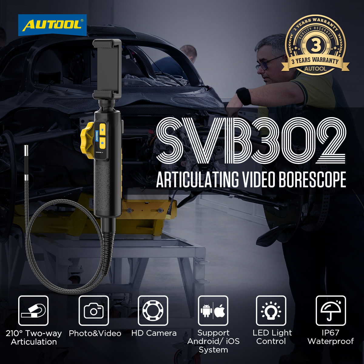 AUTOOL SVB302 Automotive Borescope Electric Steering IP67 Waterproof ...