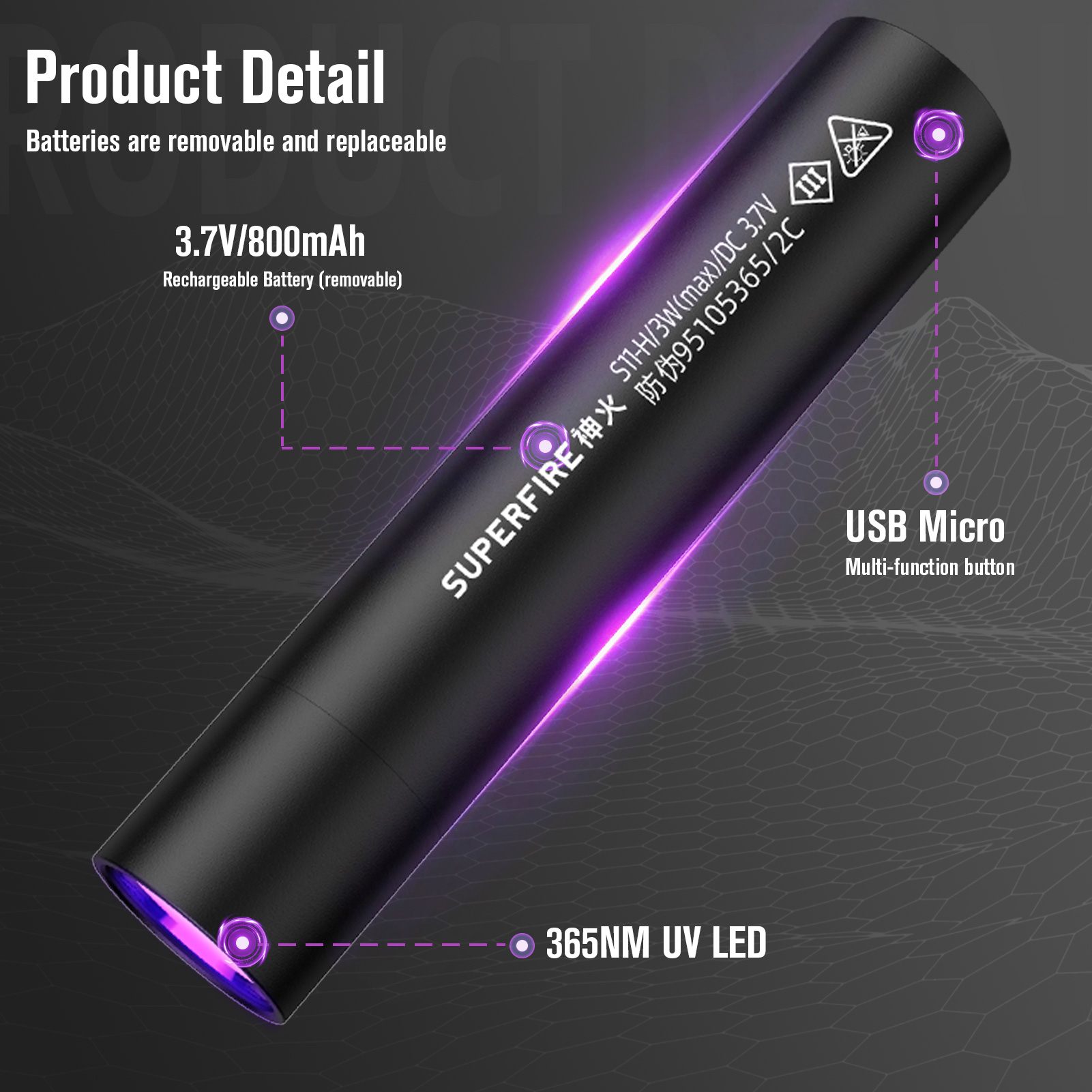 SUPERFIRE S11-H LED UV Flashlight USB Rechargeable Black Light 365nm ...