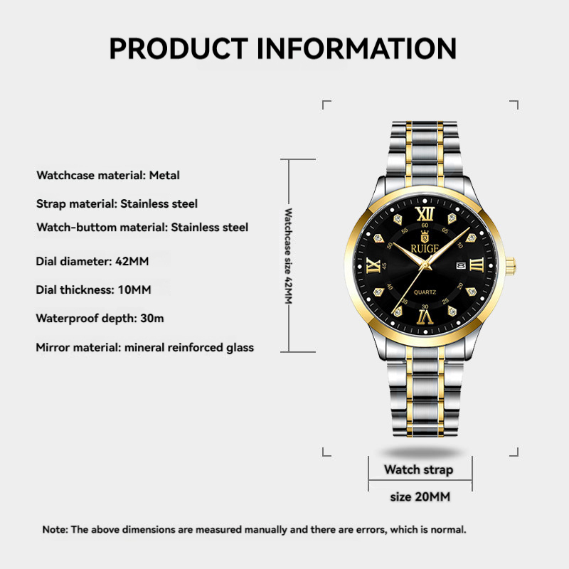 RUIGE New Luxury Calendar Men's Quartz Watch Original Stainless Steel ...