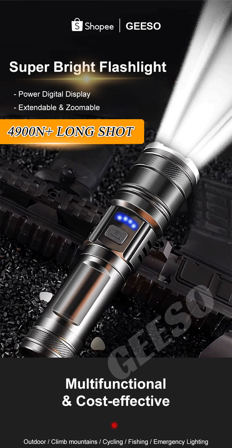 GEESO L-39 Super Bright Zoom LED Flashlight Portable Rechargeable Waterproof Outdoor Heavy Duty ...