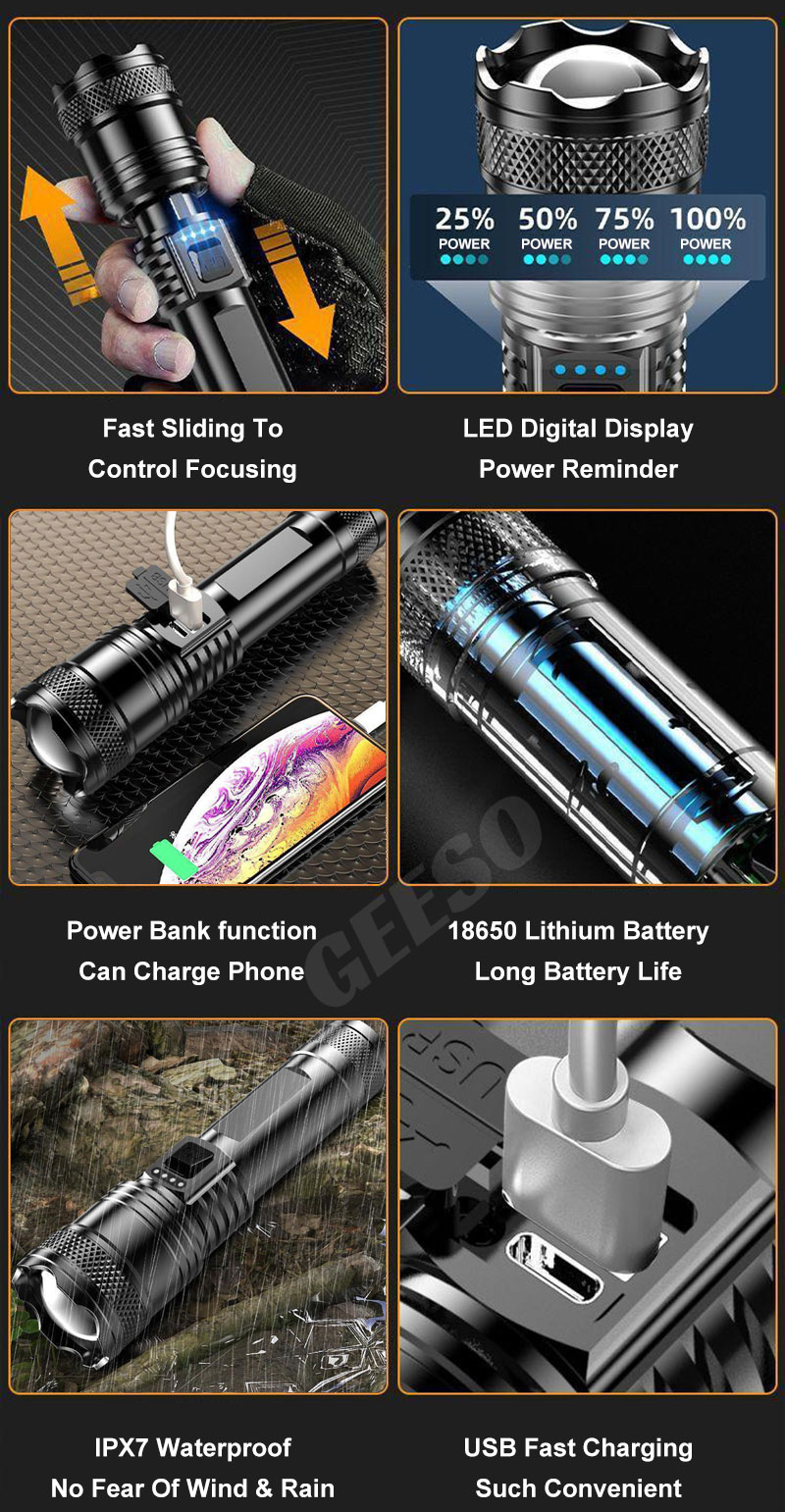 GEESO L-39 Super Bright Zoom LED Flashlight Portable Rechargeable Waterproof Outdoor Heavy Duty ...