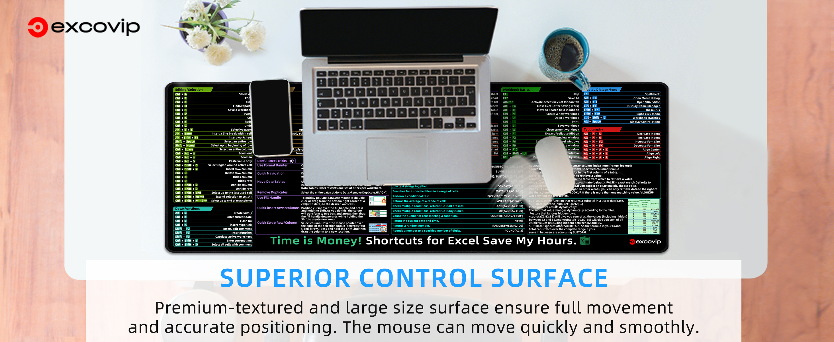 EXCOVIP Mouse Pad Large Size 90*30CM Excel English Shortcut Soft Lock ...