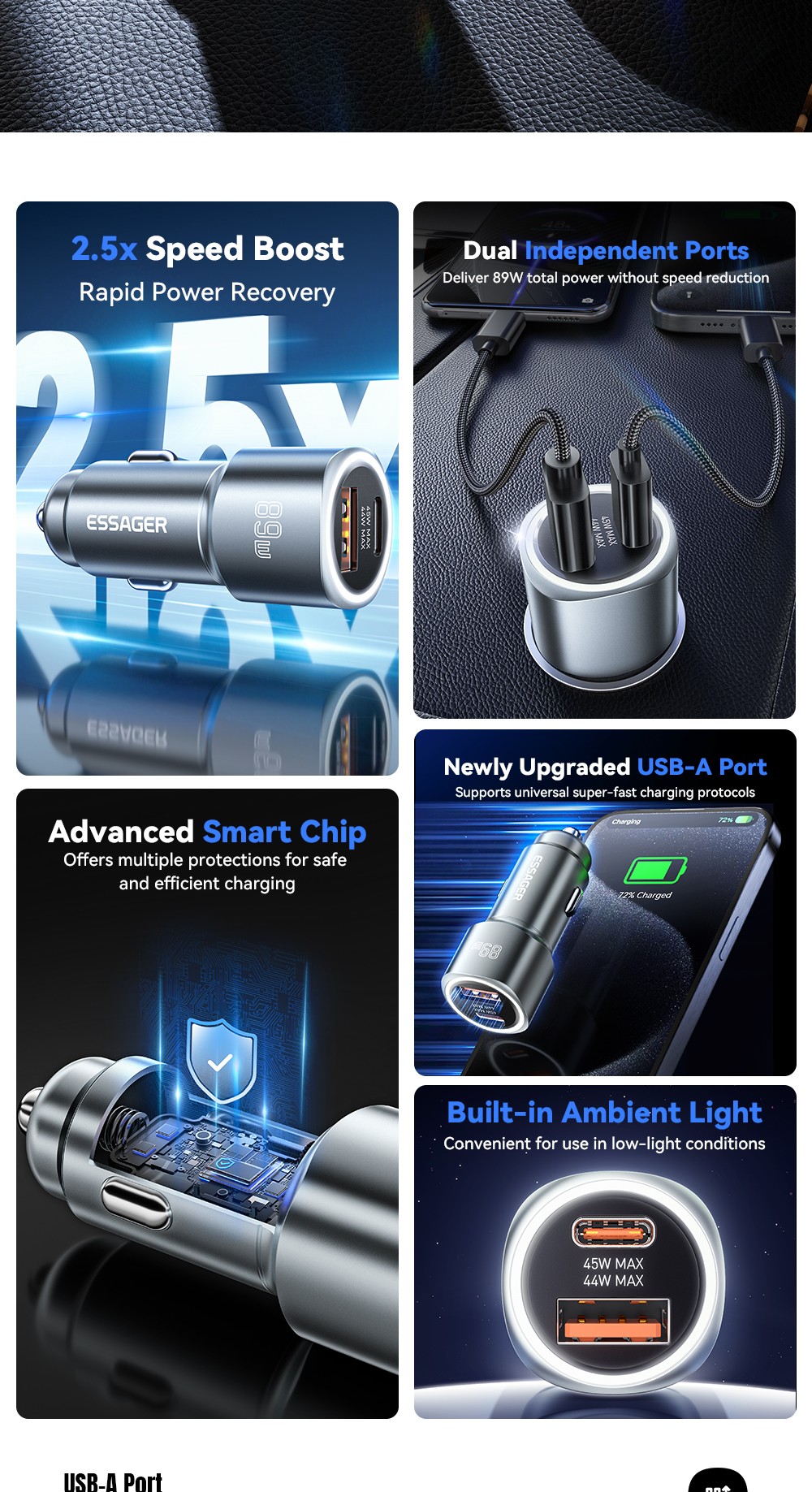 ESSAGER 89W USB-A+Type-C Super Fast Car Charger Input voltage: 12-24V ...