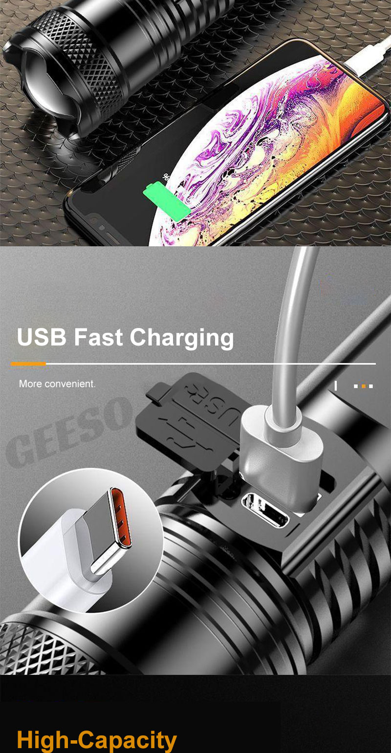 GEESO L-39 Super Bright Zoom LED Flashlight Portable Rechargeable Waterproof Outdoor Heavy Duty ...