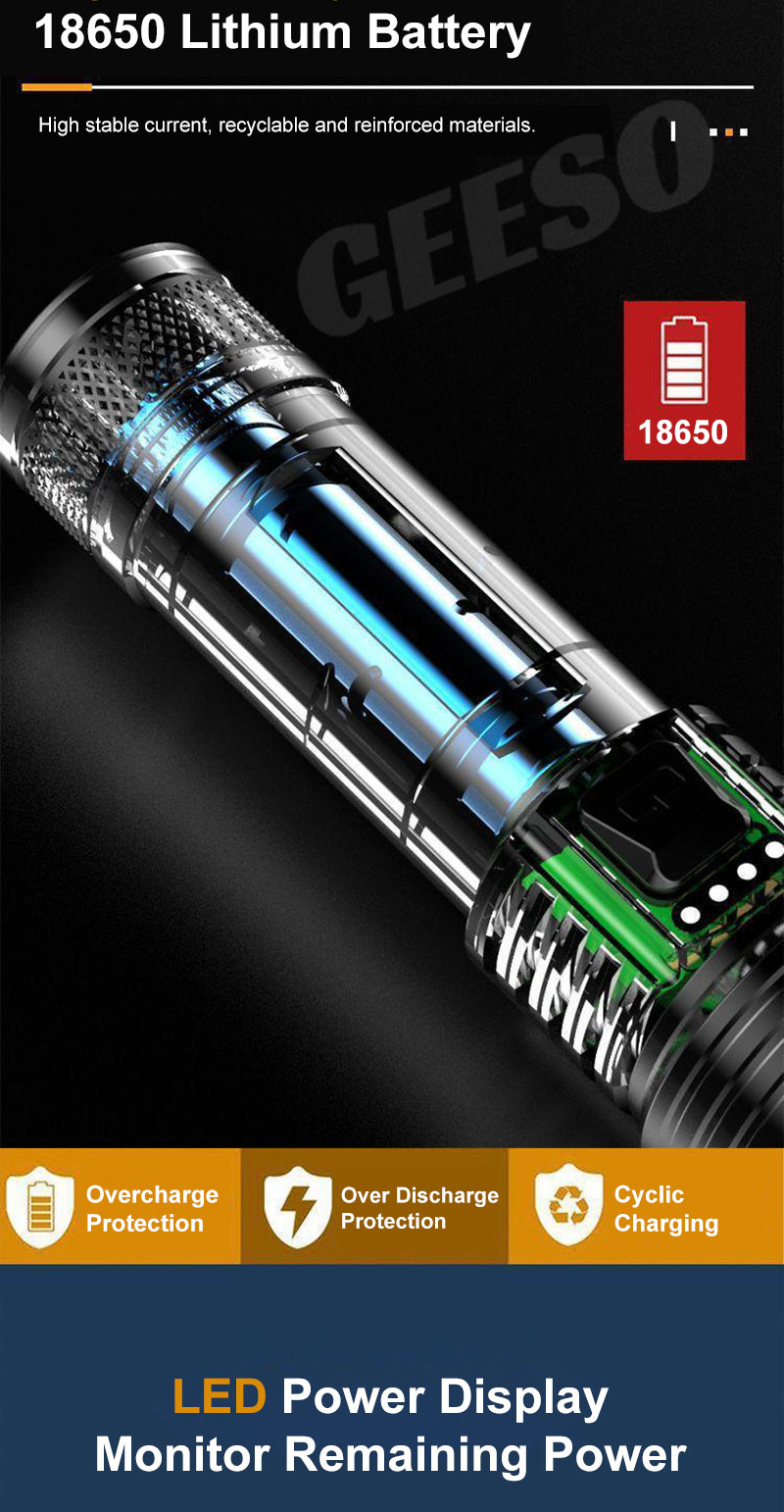 GEESO L-39 Super Bright Zoom LED Flashlight Portable Rechargeable Waterproof Outdoor Heavy Duty ...