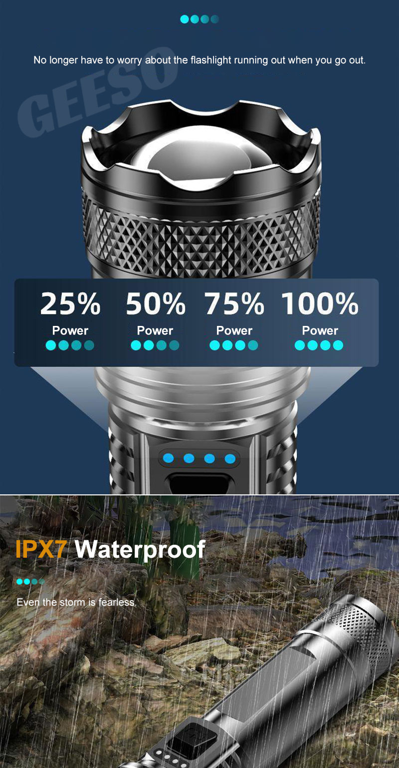 GEESO L-39 Super Bright Zoom LED Flashlight Portable Rechargeable Waterproof Outdoor Heavy Duty ...