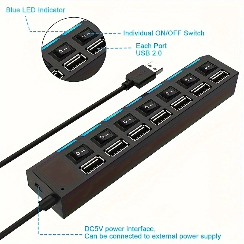 7 Ports 4 Ports USB Hub LED 2.0 Adapter Power On or Off Switch For PC ...