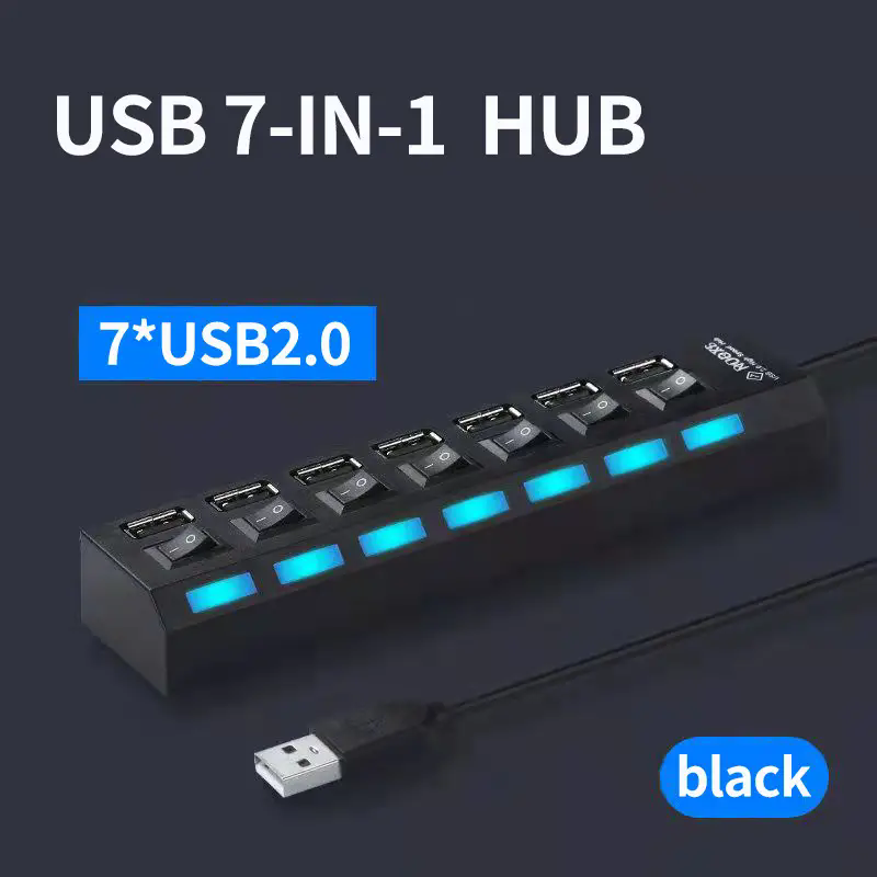 7 Ports 4 Ports USB Hub LED 2.0 Adapter Power On or Off Switch For PC ...