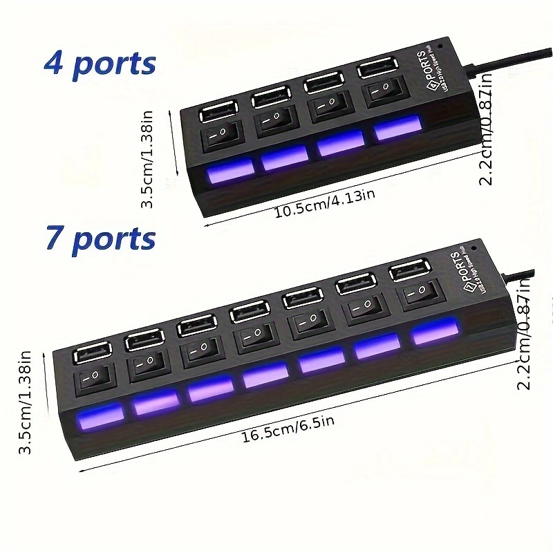 7 Ports 4 Ports USB Hub LED 2.0 Adapter Power On or Off Switch For PC ...